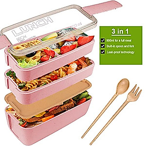 Iteryn Bento Adults Lunch Box, Stackable Bento Box, 3-In-1 Compartment - Wheat Straw, Leakproof Bento Lunch Box Meal Prep Containers
