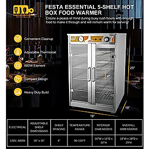 Festa Essential 5-Shelf Electric Commercial Hot Box Food Warmer for Pizza/Pretzel, Countertop Heated Holding Cabinet, Warming Oven for Catering, w/Thermometer and Adjustable Thermostat - 120V, 600W