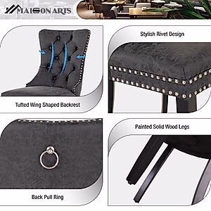 MAISON ARTS Faux Leather Dining Chairs Set of 6, Upholstered Tufted Dining Room Chair with Pull Ring Trim & Button Back Modern Diner Chairs Solid Wood Legs for Kitchen Dining Room, Black