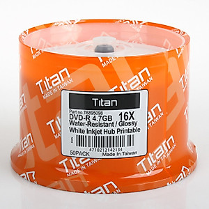 Titan Dvd-r 16x Semi-gloss (Glossy) Water Resistant, White Inkjet Printable Blank Media Discs 4.7gb (T6895098) in 50 Cake Box