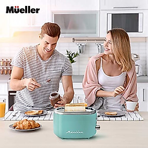 Mueller Retro Toaster 2 Slice with 7 Browning Levels and 3 Functions: Reheat, Defrost & Cancel, Stainless Steel Features, Removable Crumb Tray, Under Base Cord Storage, Turquoise