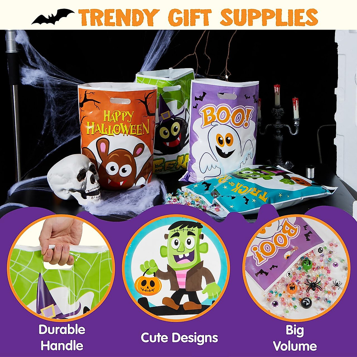 JOYIN 72 PCS Halloween Candy Bag for Trick or Treat, Halloween Treat Bags with 6 Designed Characters, Halloween Plastic Goodie Gift Bags for Party Favors Party Supplies