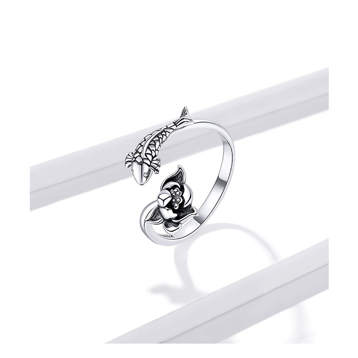 NIMSO 925 Sterling Silver Koi Lotus Ring, Adjustable Band For Women