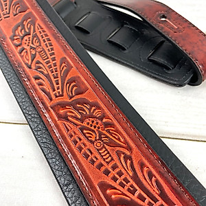 Walker & Williams GB-106 Bourbon Red Brushed Finish Guitar Strap With Padded Glove Leather Back And Classic Live Oak Pattern For Acoustic, Electric, And Bass Guitars