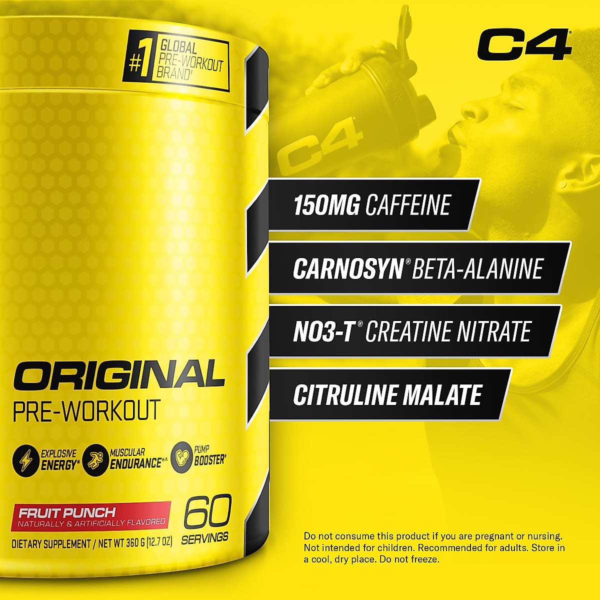 C4 Original Pre Workout Powder Fruit Punch - Vitamin C for Immune Support - Sugar Free Preworkout Energy for Men & Women - 150mg Caffeine + Beta Alanine + Creatine - 60 Servings
