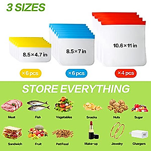 16 Pack Reusable Food Storage Bags BPA FREE,Leakproof Silicone Freezer Bags for Lunch Marinate Food Travel - 4 Gallon 6 Sandwich 6 Snack Bags