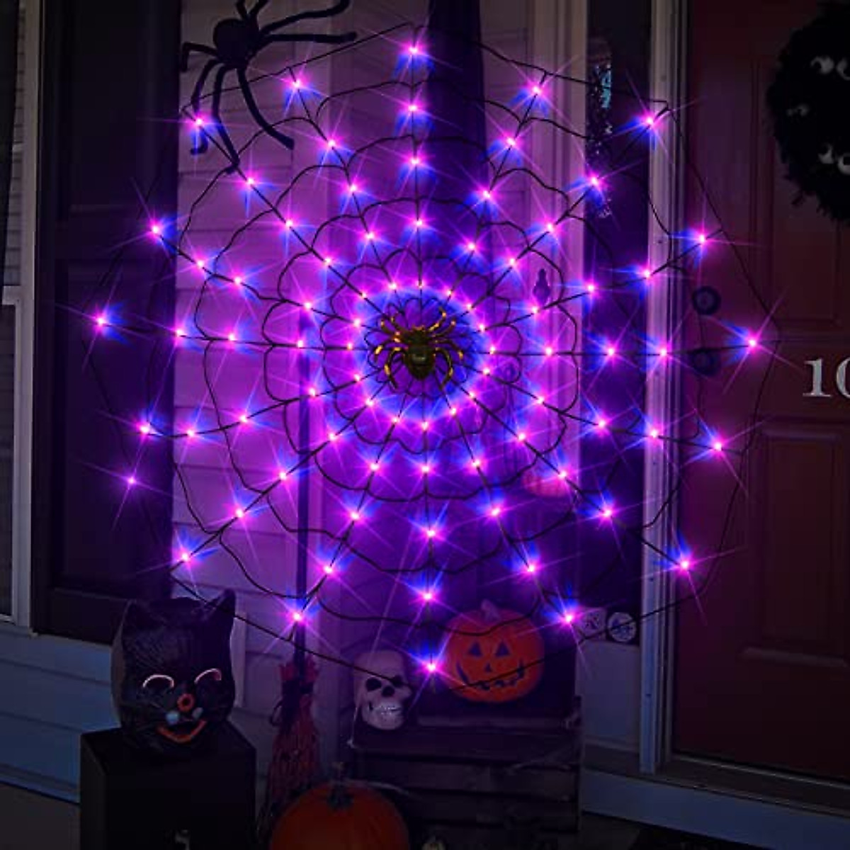 Remon 4Ft Light Up Spider Web Halloween Decorations, 96 Purple LED Waterproof Spider Web Lights with Big Spider, 8 Flashing Modes Battery Powered for Halloween Home Window Yard Garden Indoor Outdoor