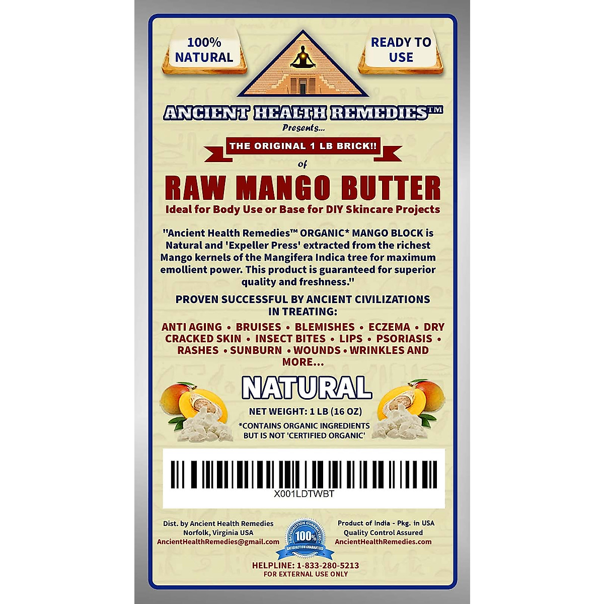 Ancient Health Remedies Organic Unrefined Raw MANGO BUTTER 1 LB (16 oz) BLOCK Bulk, Light Mango Aroma, Non-Greasy Base for Beauty, Skin Moisturizing, DIY Base for Body Butters & Hand Cream (INDIA)
