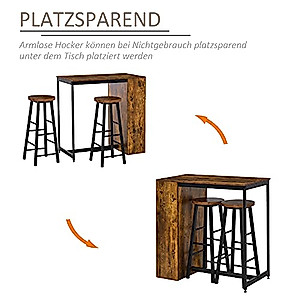 HOMCOM 3 Piece Industrial Dining Table Set, Counter Height Bar Table & Stools Set with Storage Shelf, Rustic Brown