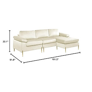 EMKK 101" Reversible Sectional 3 Seat L Shaped Modular Sofa with Flexible Storage Ottoman Chaise Modern Velvet Upholstered Sofá &Couches for Living Room Furniture Sets Apartment Office, E-Beige