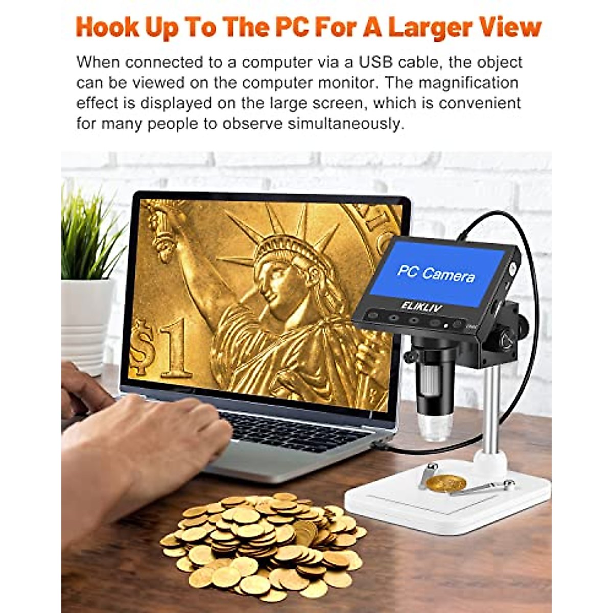 Elikliv EDM4 4.3" Coin Microscope, LCD Digital Microscope 1000x, Coin Magnifier with 8 Adjustable LED Lights, PC View, Windows Compatible