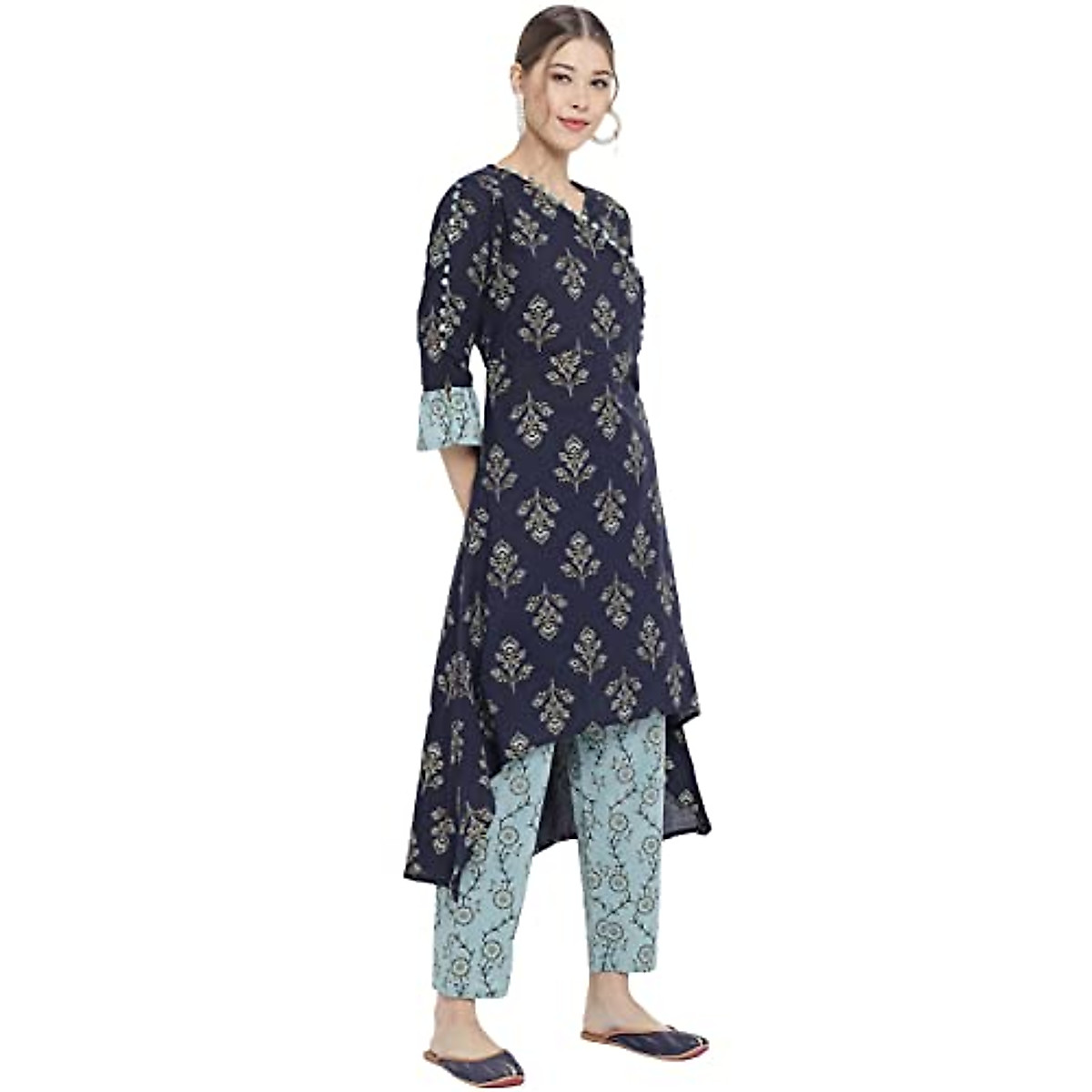 Yash Gallery Women's Cotton Floral Print A-line Kurta Pant Set (Blue)