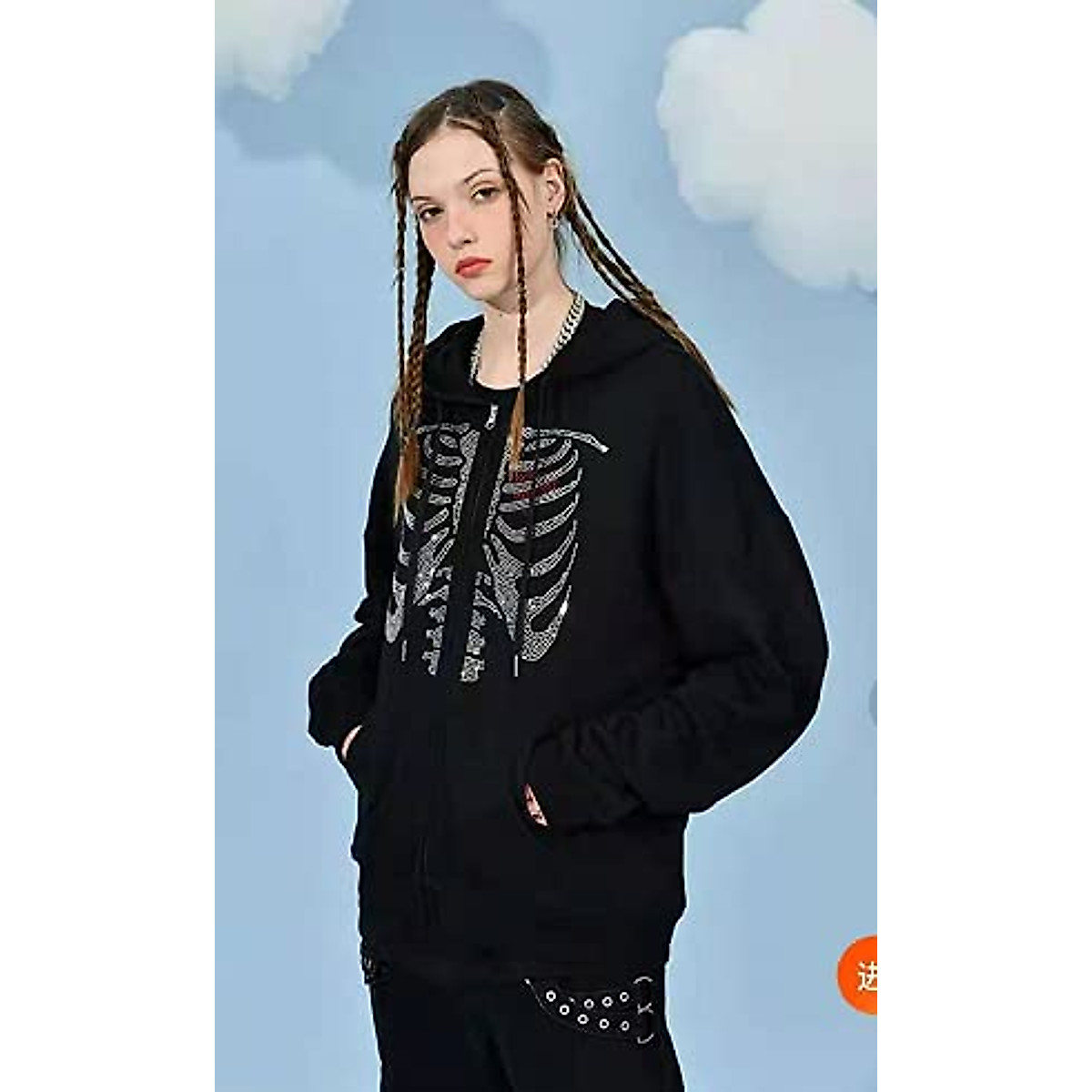 Women's Y2K Rhinestone Skull Hoodie Zip Up Oversized Casual Drawstring Hoodie E-Girl 90s Streetwear Jacket Tracksuit(G-black,S）