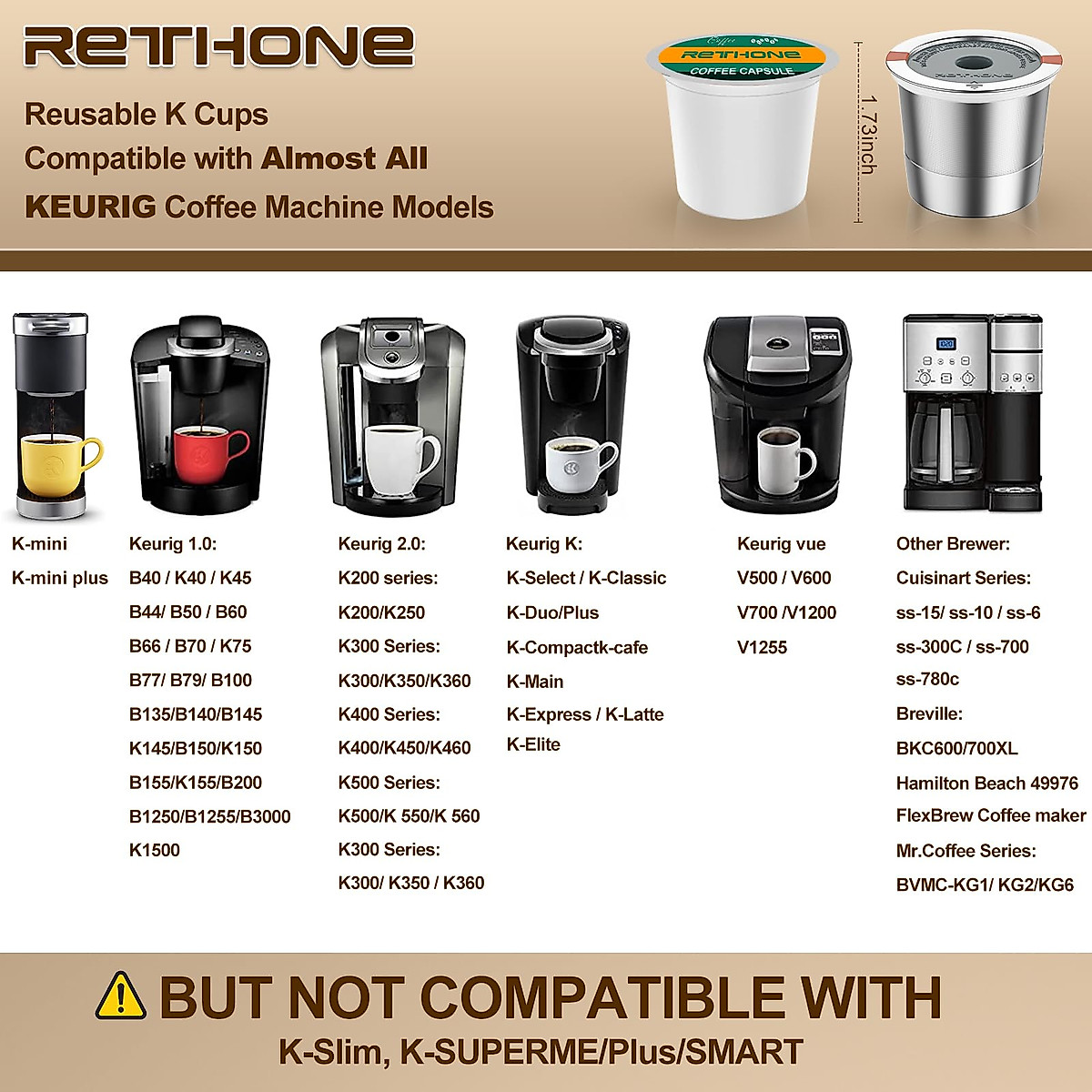 RETHONE K Cup Reusable Coffee Pods, Stainless Steel Reusable K Cups Coffee Filter Compatible with Keurig 1.0 & 2.0 Coffee Makers BPA-Free Refillable Coffee Filters (4 Pack)