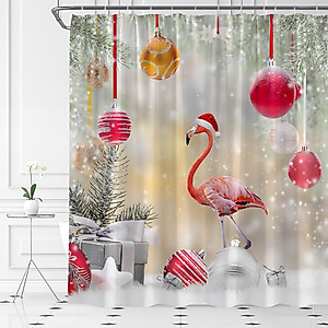 EVRCVAR Christmas Flamingo Shower Curtain Red Christmas Balls Winter Xmas Snowflake Tropical Bird Holiday Bathroom Curtain Fabric with Hooks(70" WX70 H)