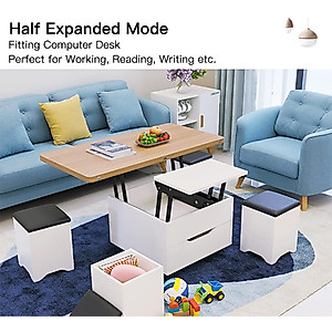 PIAQIA Convertible Folding Dining Table Set for 8, Multifunctional Lift Top Coffee Table with 4 Storage Ottoman, Space Saving Extendable Table for Compact Living Space, 47.2" Width