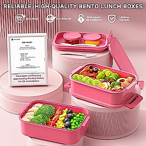 DaCool Adults Bento Box Lunch Box - Stackable All-in-One Leakproof Bento Lunch Box for Adults Women Girls 74 OZ Large Lunch Containers with Fork Spoon Sauce Boxes for Work School Dining Out, Pink