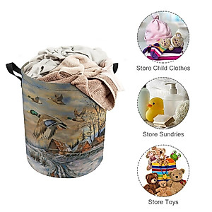 Brebasf Abstract Hunting Theme Duck Dirty Clothes Hampers Drawstring Large Volume,Vintage Farmhouse Oil Painting Forest Chickens Ducks Laundry Hamper Storage Basket-13.8"W X13.8"L X17.3"H