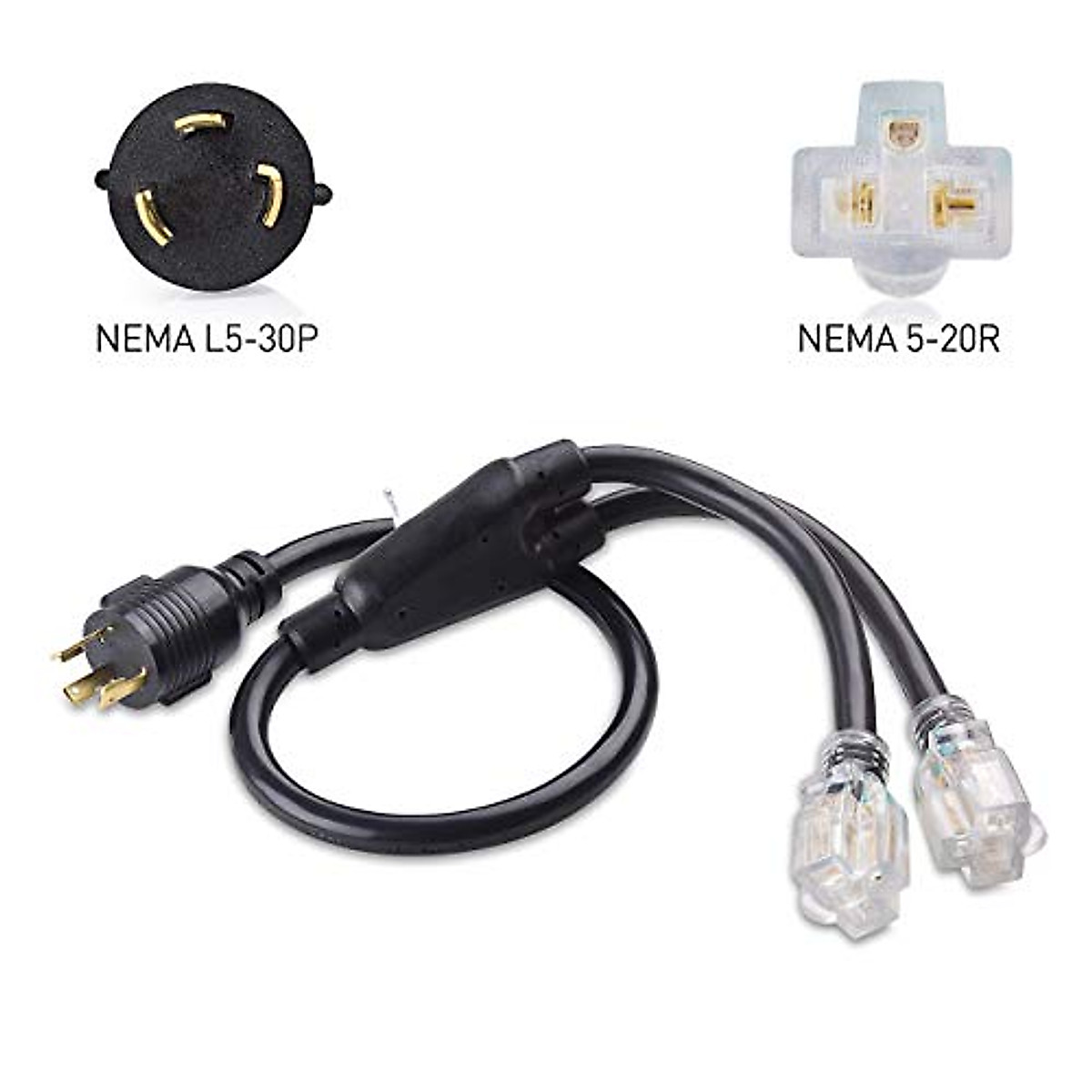 Cable Matters LED-Lit 3 Prong 30 Amp to 15 Amp Adapter for Generator (30 AMP to 110 Adapter Splitter) 3 Feet - NEMA L5-30P to 2X 5-20R & LED-Lit 4 Prong 30 Amp to 15 Amp Adapter 30 Inches
