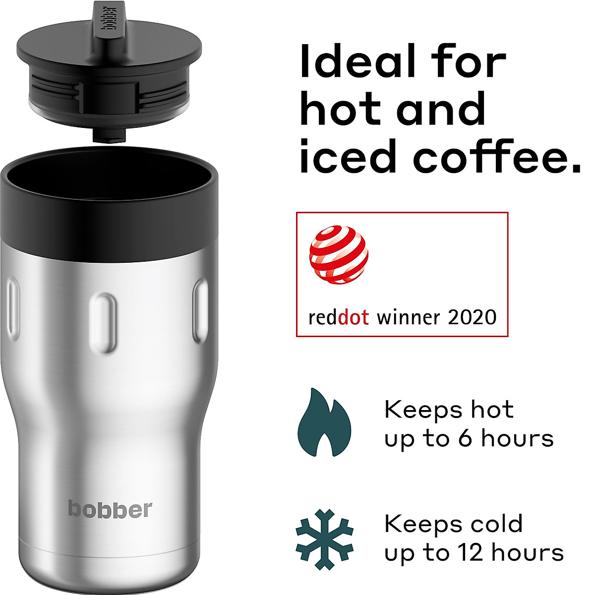 BOBBER - 12 OZ Vacuum Insulated Stainless Steel Portable Travel Coffee Mug With 100% Leakproof Locked Lid (Matte)