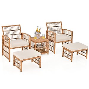 Tangkula 5 Piece Patio Wicker Sofa Set, Outdoor Rattan Conversation Set with Seat Cushions, 2-Tier Coffee Table & 2 Ottomans, Wicker Sofa Set for Backyard, Poolside (Natural)