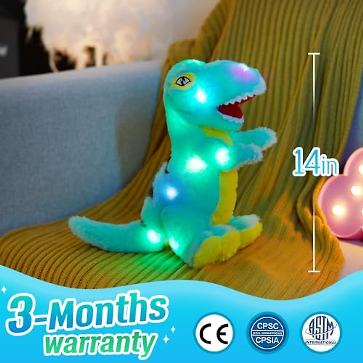 Glow Guards Light up T-Rex Dinosaur Stuffed Animal,Soft Dinosaur Plush Toy with LED Night Lights Glow in The Dark,Birthday Children's Day Gifts for Toddler Kids,14''