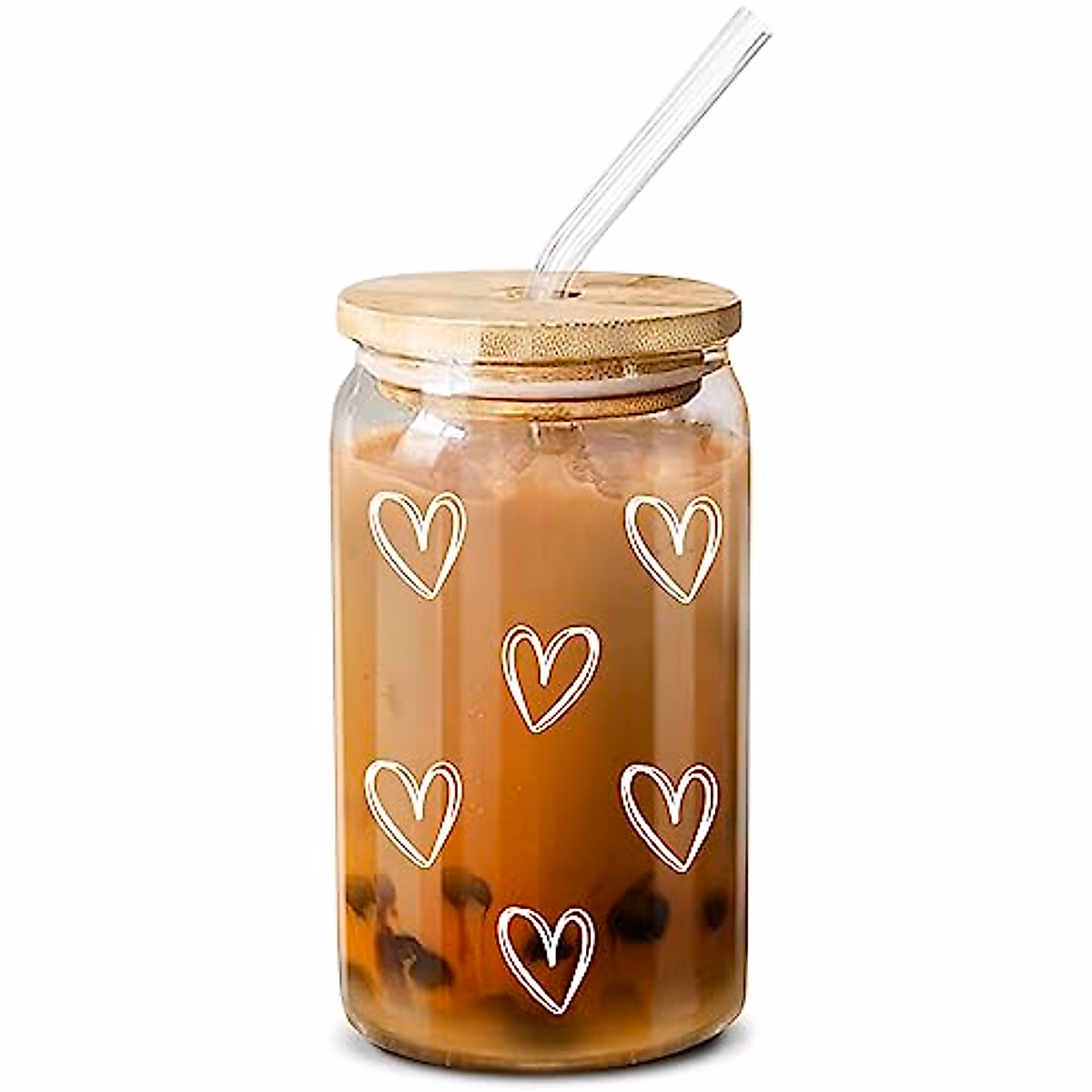 NewEleven Cute Glass Coffee Cups With Lids And Straw – Aesthetic Cups – Iced Coffee Cup, Coffee Tumbler, Glass Tumbler – Christmas Gifts For Women, Coffee Lover - 16 Oz Coffee Glass