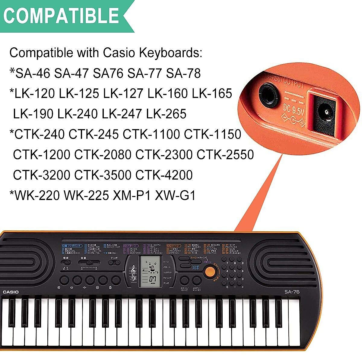 New Adapter for Casio Keyboards SA-46 SA-47 SA76 SA-77 SA-78 LK-120 LK-125 LK-127 LK-160 LK-165 LK-240 LK-247 LK-280 CTK-240 CTK-245 CTK-1100 CTK-1150 CTK-1200 CTK-2080 CTK-2300 Power Supply Charger