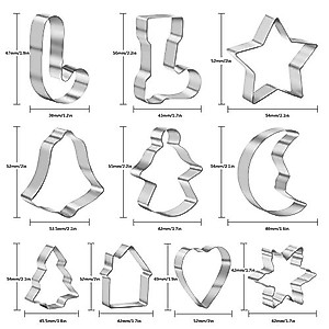 Christmas Cookie Cutters, 10 Pcs 2 Inches Stainless Steel for Xmas/Holiday/Party Supplies/Gifts-Snowflake, Bell, Christmas Tree, Star, Moon, Angle, Heart & More Cookie Cutters Christmas Shapes