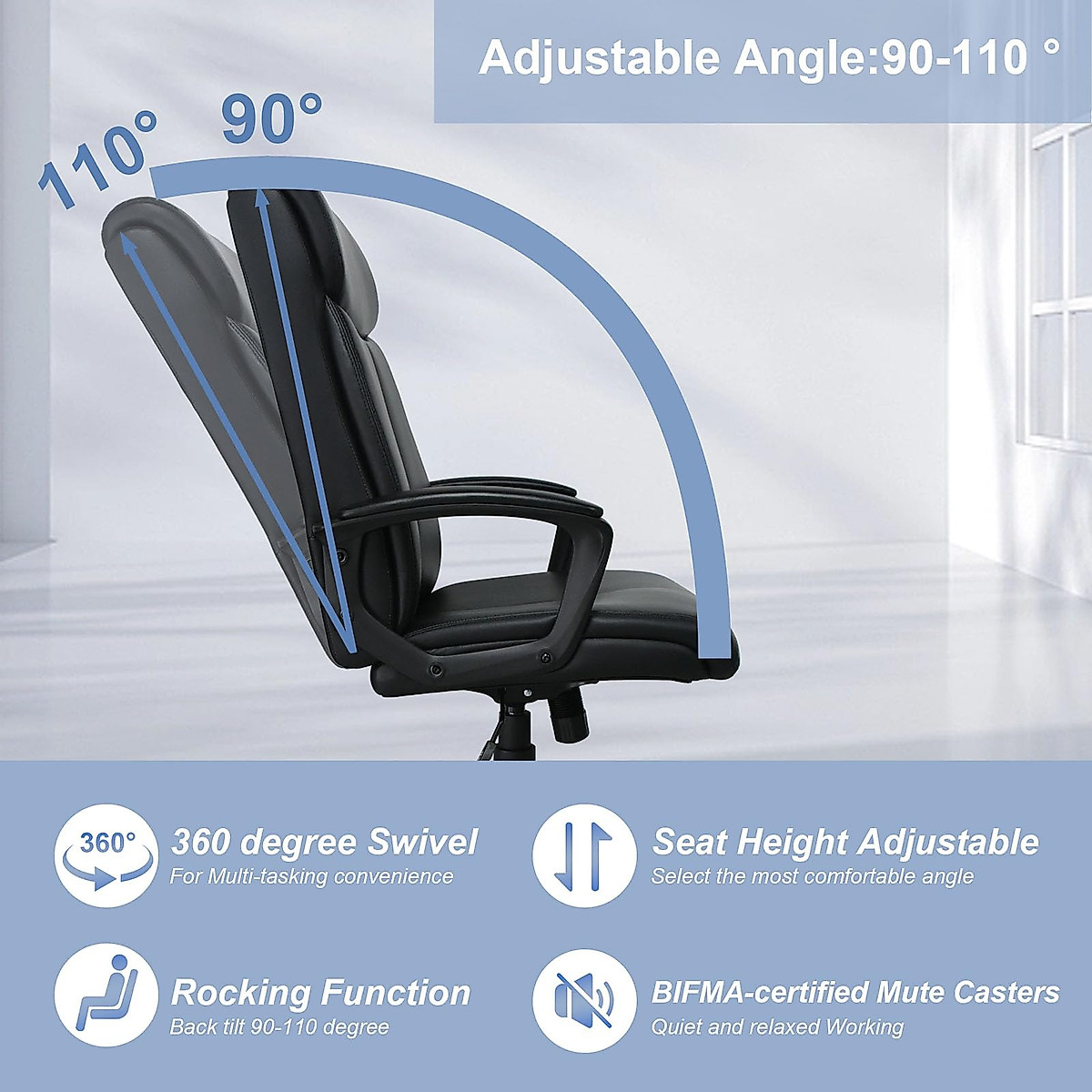 HForesty Executive Office Chair, High Back Computer Desk Chair, PU Leather Adjustable Height Task Chair with Tension Controller Device, 300LBS Weight Capacity, Black