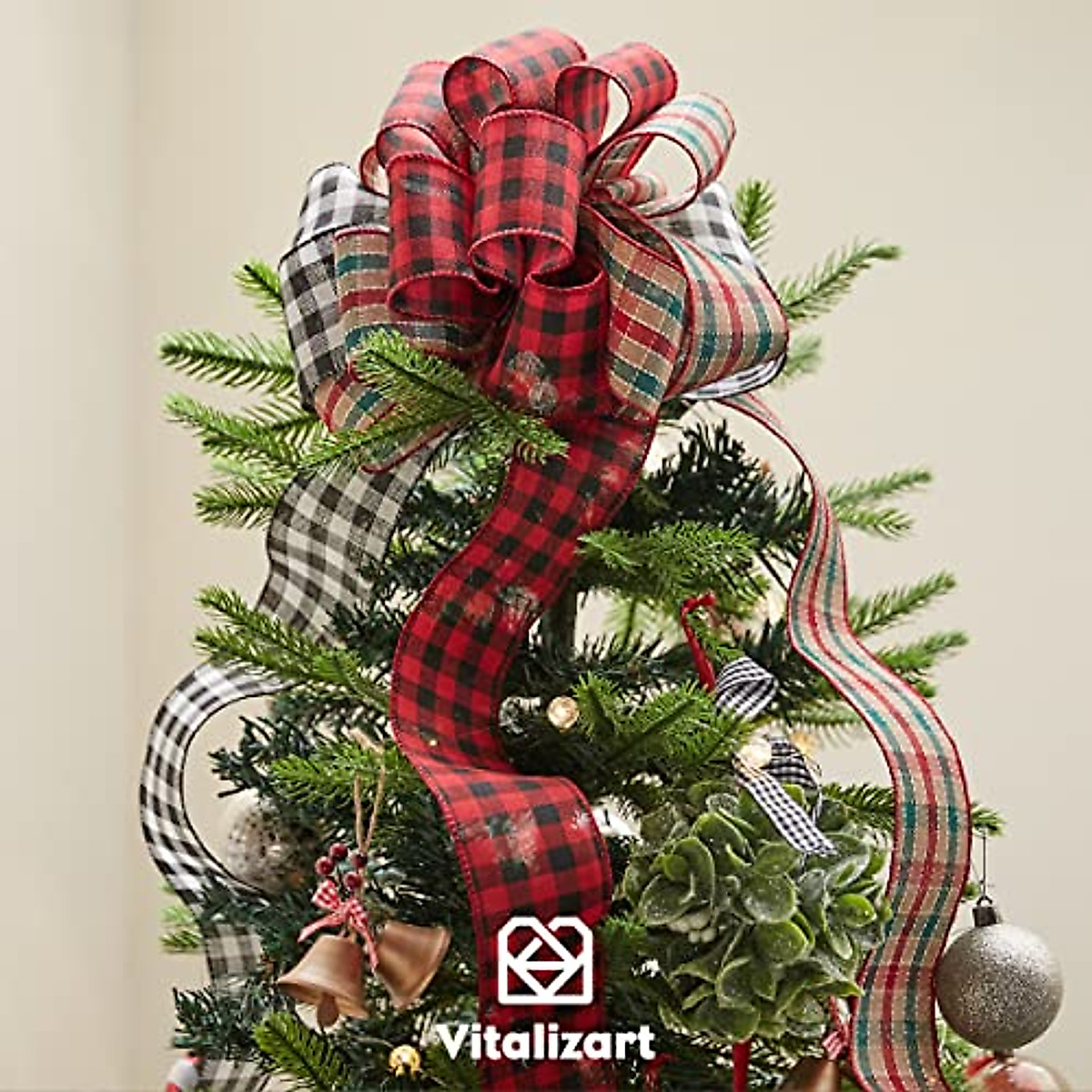 Vitalizart Buffalo Plaid Ribbon Set 2.5" x 30Yd Wired Gingham Ribbon for Christmas Tree Home Decoration Wreath Handmade Crafts Gift Wrapping Bow Making (Black White Red Green)