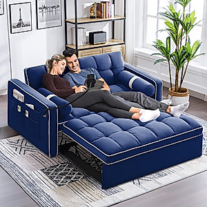 SLEERWAY Convertible Sofa Bed, 3-in-1 Sleeper Sofa with Pull-Out Bed, Velvet Futon Couch with Adjustable Backrest and Side Pocket, Modern Loveseat for Living Room Apartment, Blue