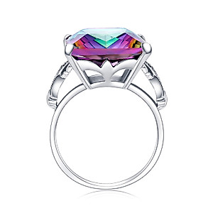 SZJINAO Vintage Silver 925 Rings for Women Mystic Fire Rainbow Topaz Huge Square Stone Ring Wife Lady Mom Birthday Gift Silver Jewelry