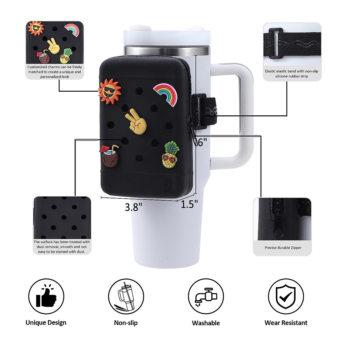 HCVUINL Silicone Water Bottle Pouch with 5 Charms, Water Bottle Handheld Caddy for Quencher Adventure 40oz & Stanley IceFlow 20oz 30oz,Tumbler Pouch Sports Gym Bottle Accessories,Black