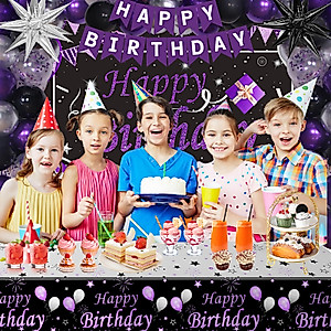 Black Purple Birthday Decorations for Women Girls Men, Purple and Silver Party Decorations Happy Birthday Backdrop Banner Confetti Star Silver Black Purple Balloons Arch Tablecloth Party Supplies