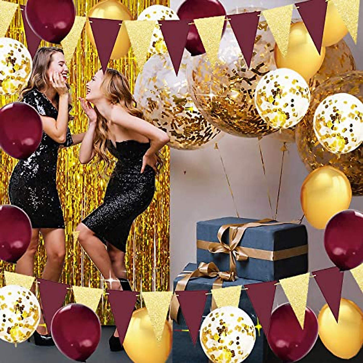 Graduation Party Decorations 2023 Maroon Gold/Burgundy Gold Balloons 30pcs/ Maroon Graduation Party Burgundy Gold Birthday Party Decorations/Fall Bridal Shower Decorations/Triangle Banners