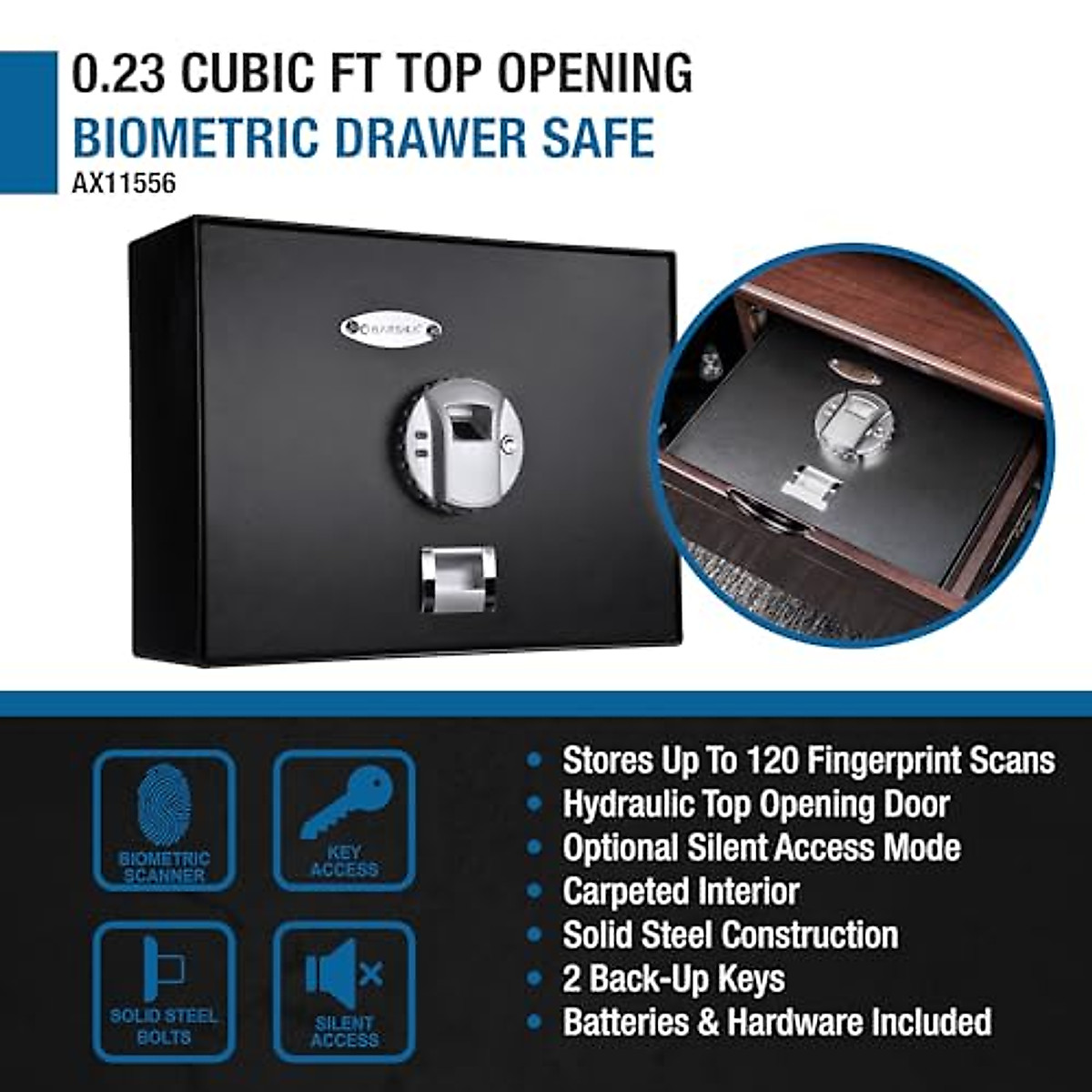 BARSKA AX11556 Biometric Fingerprint Top Opening Security Drawer Safe Box 0.23 Cubic Ft, Multi, One Size , Black , 14.75 x 11.25 x 5