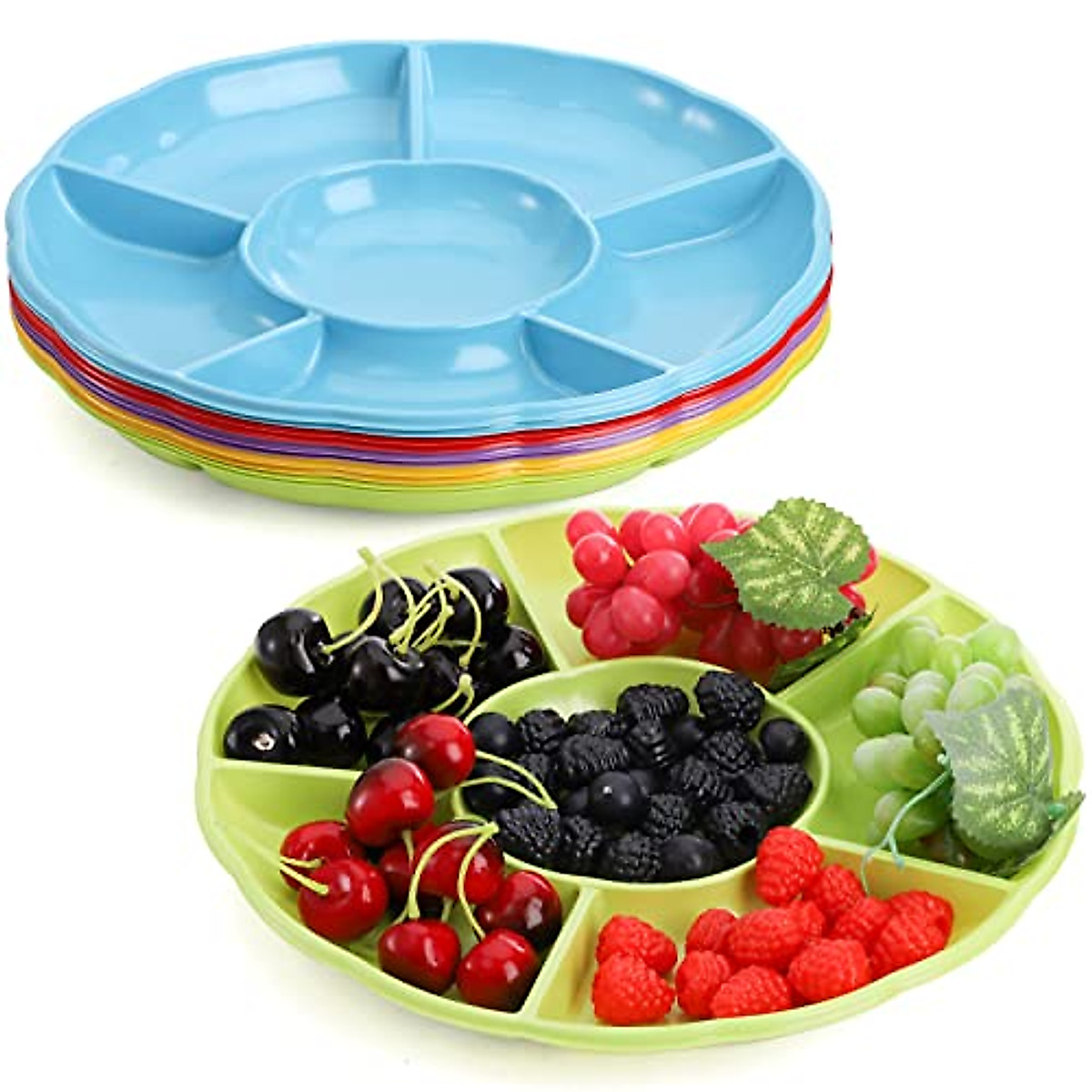 Frcctre 10 Pack 6 Sectional Round Plastic Appetizer Serving Platter, 12 Inch Disposable Divided Snack Serving Platter Food Platter Nut and Candy Serving Plate Veggie Fruit Dish Platter