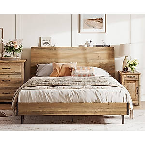 LINSY Queen Wood Bed Frame with Ergonomic Headboard, Bed Frame Queen with Storage Shelf, Noise-Free, No Box Spring Needed - Brown