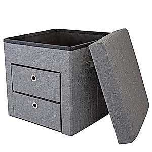 Simplify 2 Drawer Collapsible Storage Ottoman | Perfect for Gaming| Toys| Magazines| Linens| Blankets & More | Grey