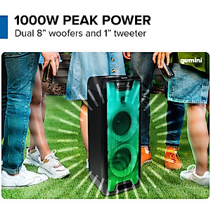 Gemini Sound GLS-880 Portable Party Speaker with 1000W Peak Power, Hi-Fi Class Bluetooth Streaming, Built-in LEDs, USB & FM Radio Playback, and Rechargeable 16 Hour Battery