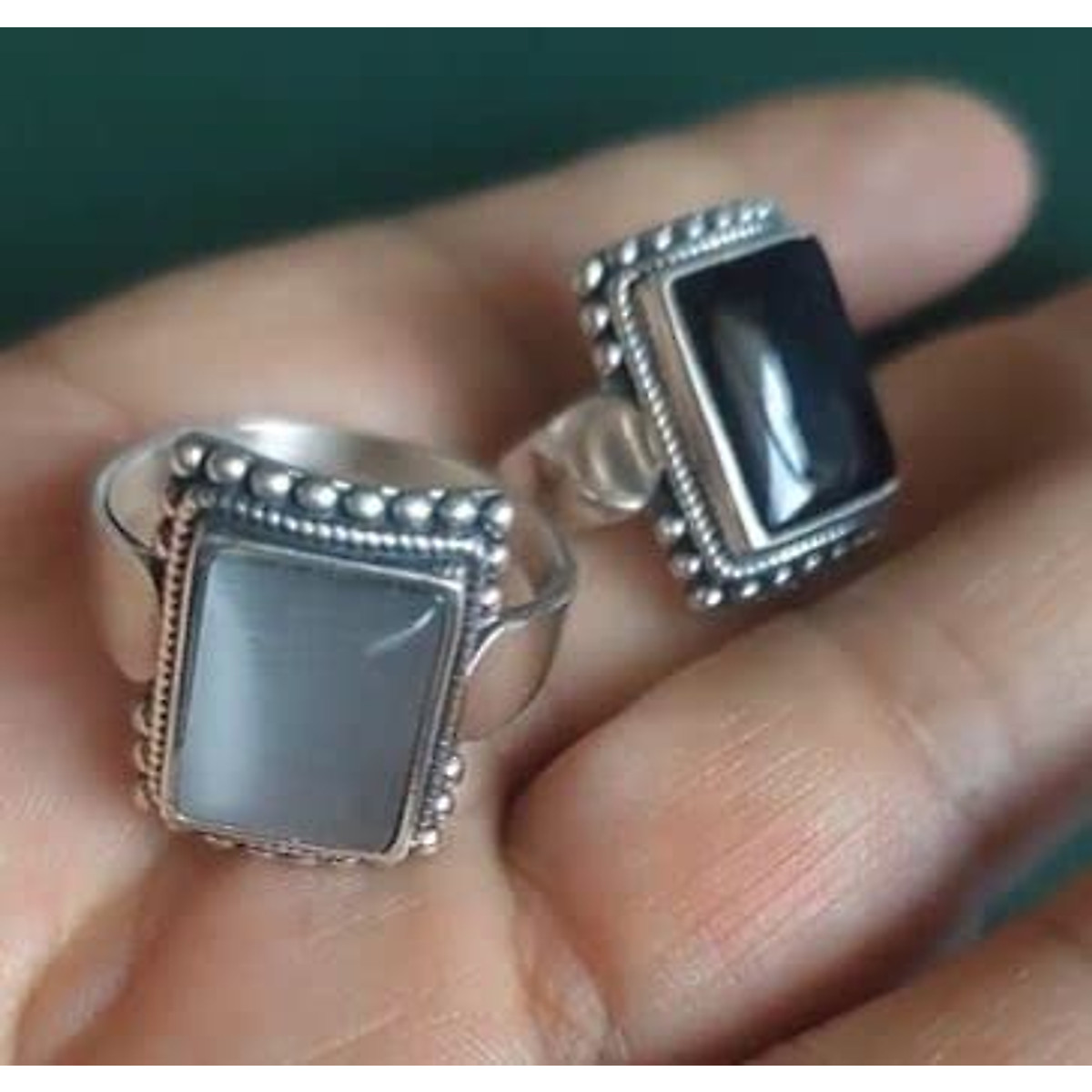 925 Sterling Silver Lucifer Morningstar Ring ~ White Cat's Eye & Black Onyx Turkish Ring (White Cat's Eye, 8)