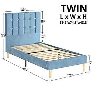 LIKIMIO Twin Bed Frames, Velvet Upholstered Platform Bed Frame with Headboard and Strong Wooden Slats, No Box Spring Needed/Noise-Free/Easy Assembly, Light Blue