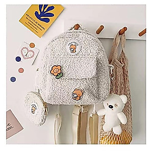 XINBOO Kawaii Fluffy Mini Backpack for Girls Soft Plush Bag Women's Aesthetic Fuzzy Backpack with Furry Purse (Beige)