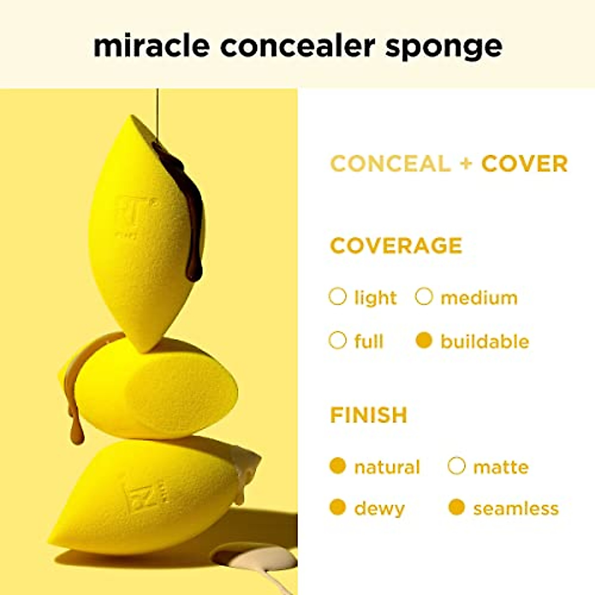 Real Techniques Miracle Concealer Sponge, Makeup Blending Sponge For Liquid & Cream Concealer, Elongated Shape For Precise Application Under Eyes & Tight Areas, Yellow, Latex-Free Foam, 1 Count
