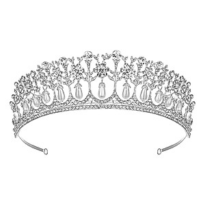SWEETV Princess Diana Tiara for Women, Silver Pearl Wedding Crown for Bride, Rhinestone Costume Accessories for Birthday Party Prom