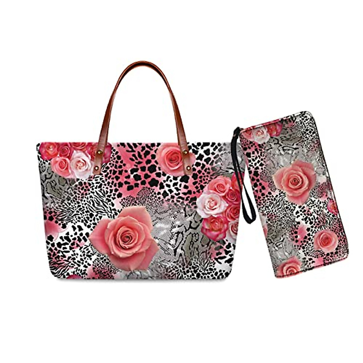 Suhoaziia Leopard with Pink Rose Women Handbag Fashion Satchel Purses Large Tote Shoulder Bag for Ladies 2pcs/Set Wallet