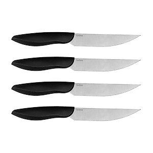 Kershaw 4-Piece Serrated Steak Knife Set - 5" Blades of German Stainless Steel with 16° Single-Bevel Edge, Satin Finish, Black Polypropylene Ergonomic Handles