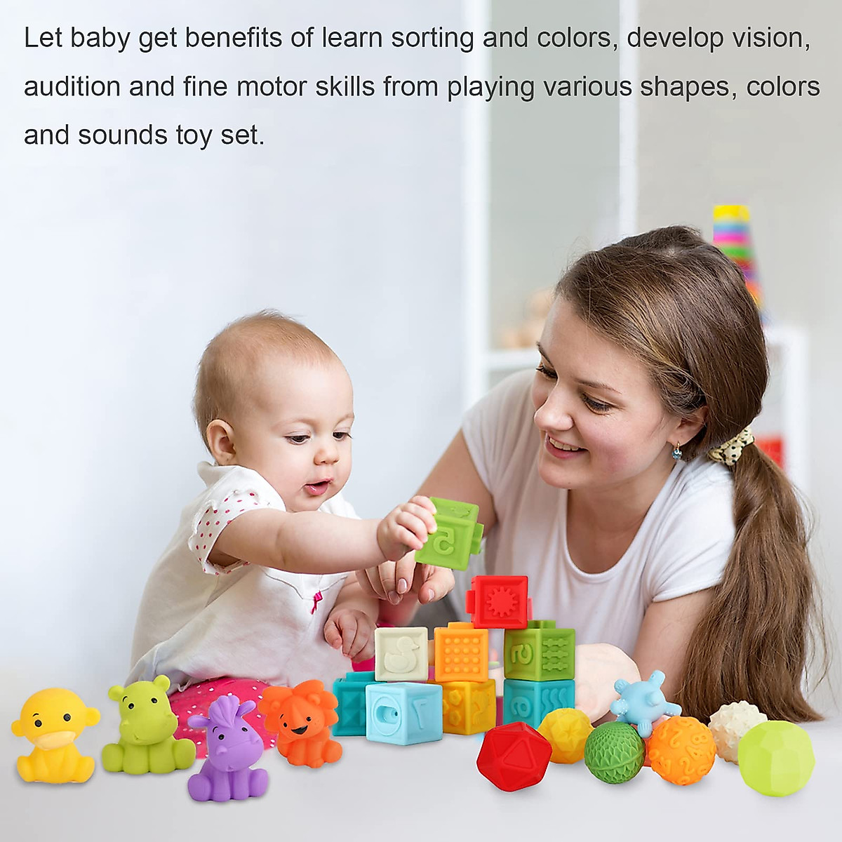 Coolle Baby Blocks Sensory Balls Toy 6 to 12 Months Montessori Learning Toys Soft Building Block Bath Toys for Babies Toddlers Infant 9 18 Month 1 2 3 4 Year Old Boy Girl Squeaks