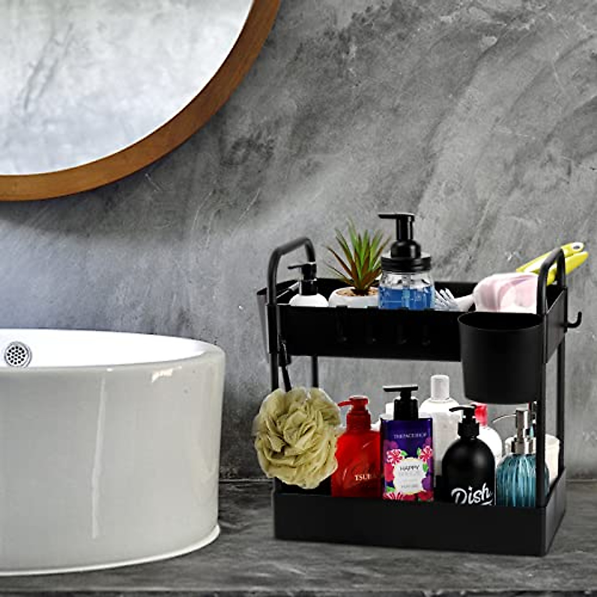 Jucoan 2 Tier Bathroom Sink Countertop Storage Organizer Kitchen Countertop Spice Rack with Hooks, Cups and Handle, Pantry Shelves Seasoning Storage Shelf for Kitchen Bathroom Vanity